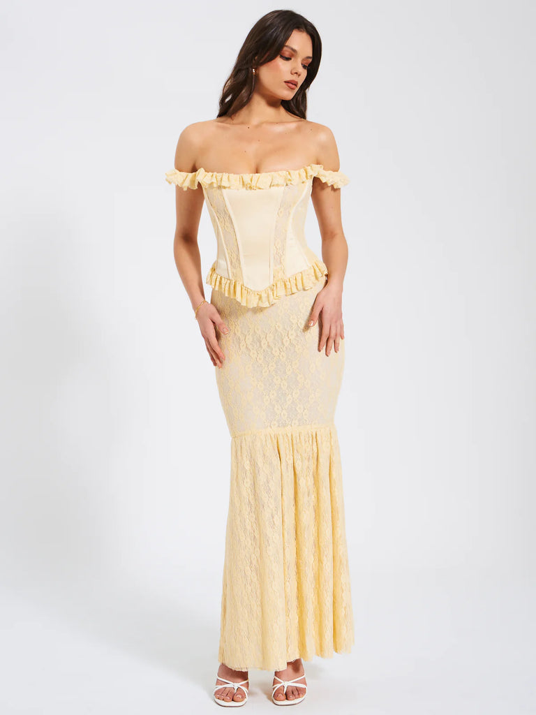 ERSILIA PALE YELLOW LACE CORSET MAXI GOWN – SHOP DDMINE