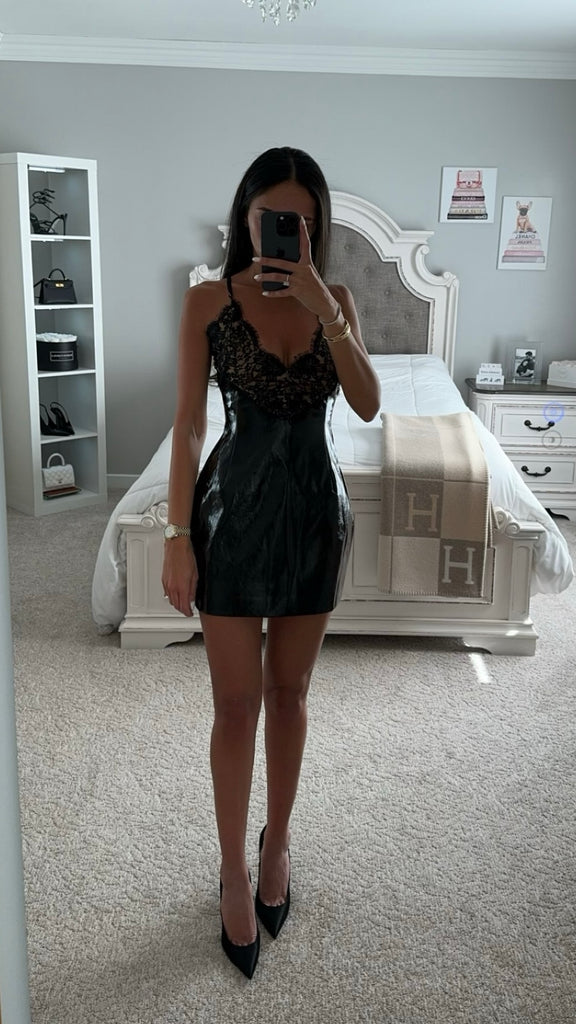 SHELBY BLACK VEGAN LEATHER LACE MINI DRESS – SHOP DDMINE