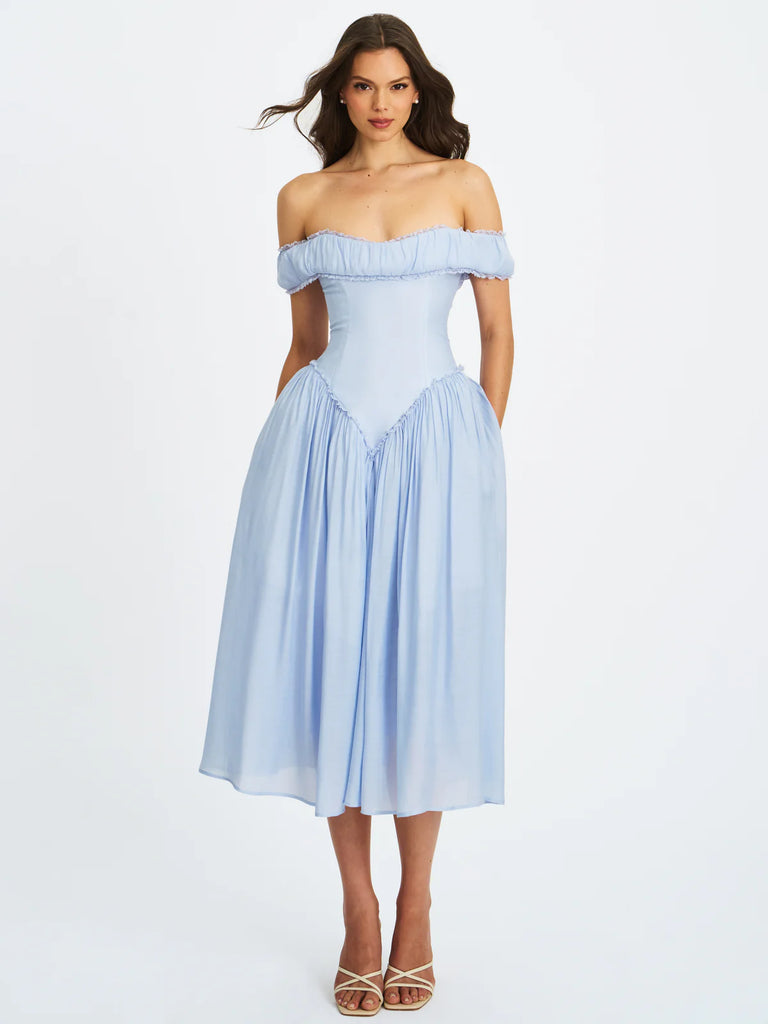 Xavy Baby Blue Off Shoulder Corset Midi Dress – SHOP DDMINE