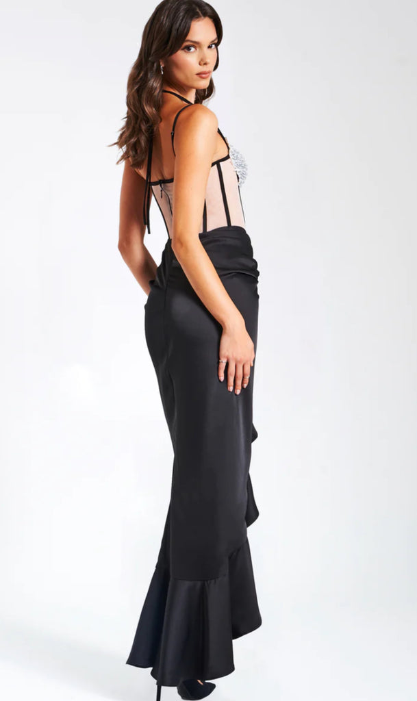 RAFAELA BLACK SATIN CORSET SEQUIN WING CUP DRESS – SHOP DDMINE